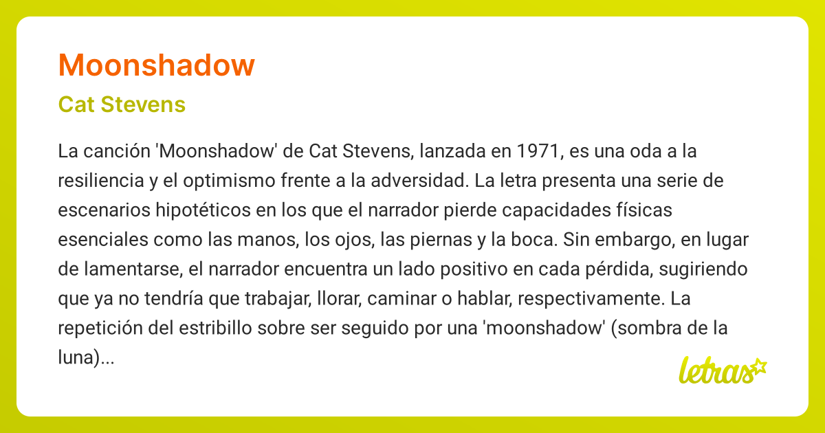 Significado de la canción MOONSHADOW (Cat Stevens) - LETRAS.COM