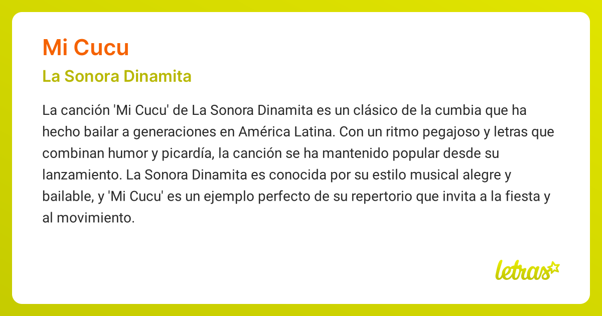 Significado de la canción MI CUCU (La Sonora Dinamita) - LETRAS.COM