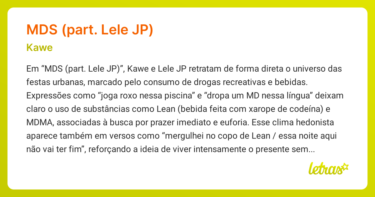 Significado da música MDS (PART. LELE JP) (Kawe) - LETRAS.MUS.BR