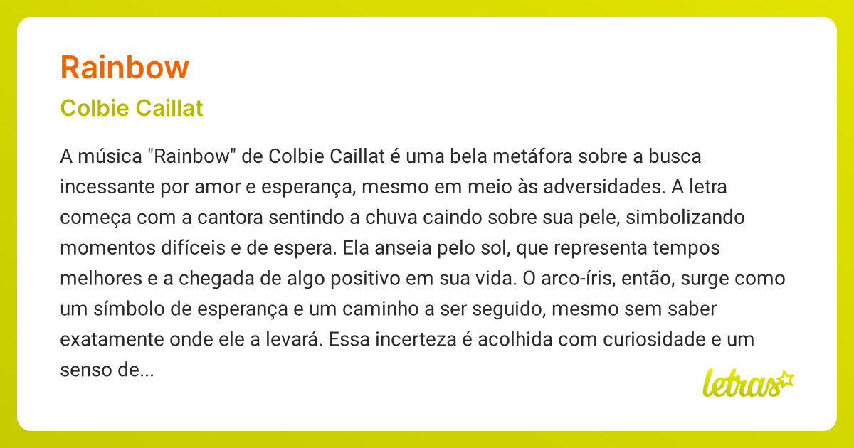 Significado da música RAINBOW (Colbie Caillat) - LETRAS.MUS.BR
