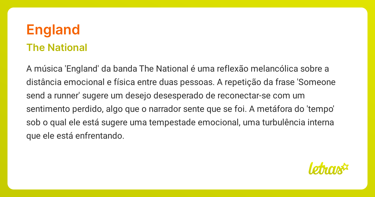 Significado da música ENGLAND (The National) - LETRAS.MUS.BR