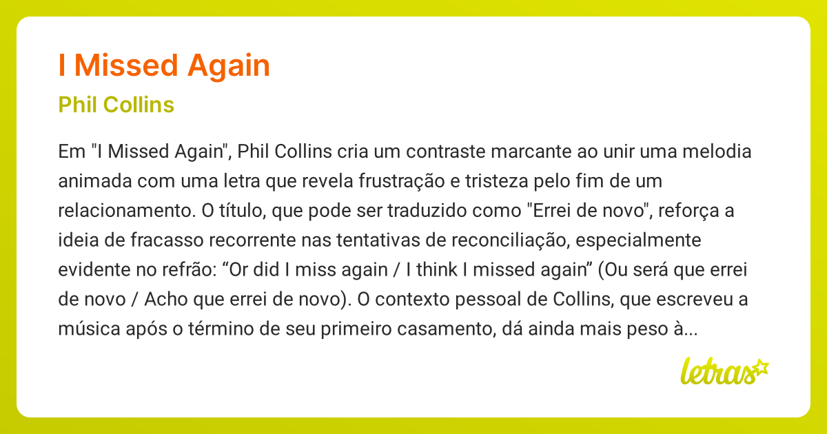 Significado da música I MISSED AGAIN (Phil Collins) - LETRAS.MUS.BR