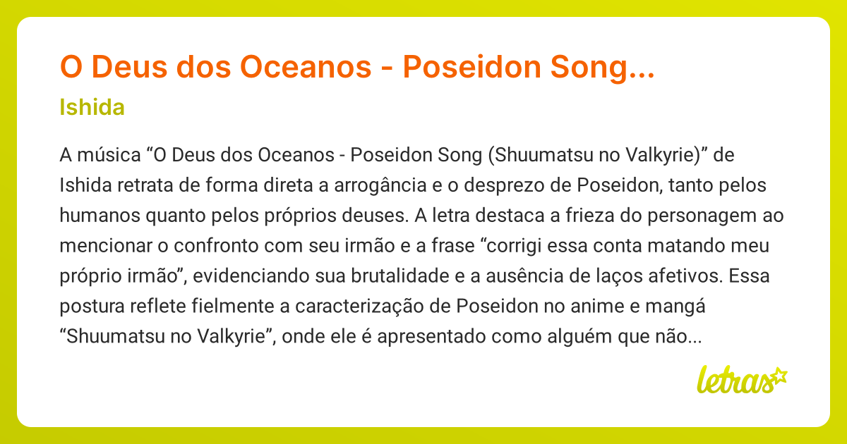 Significado da música O Deus dos Oceanos - Poseidon Song (Shuumatsu no ...