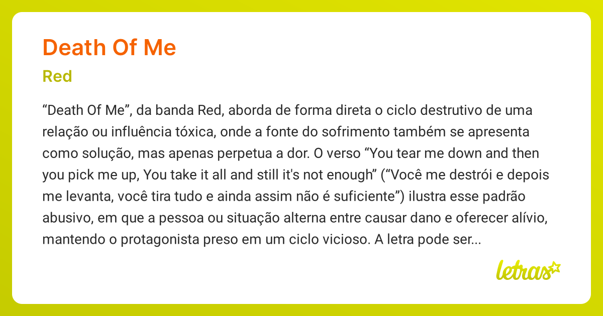 Significado da música DEATH OF ME (Red) - LETRAS.MUS.BR