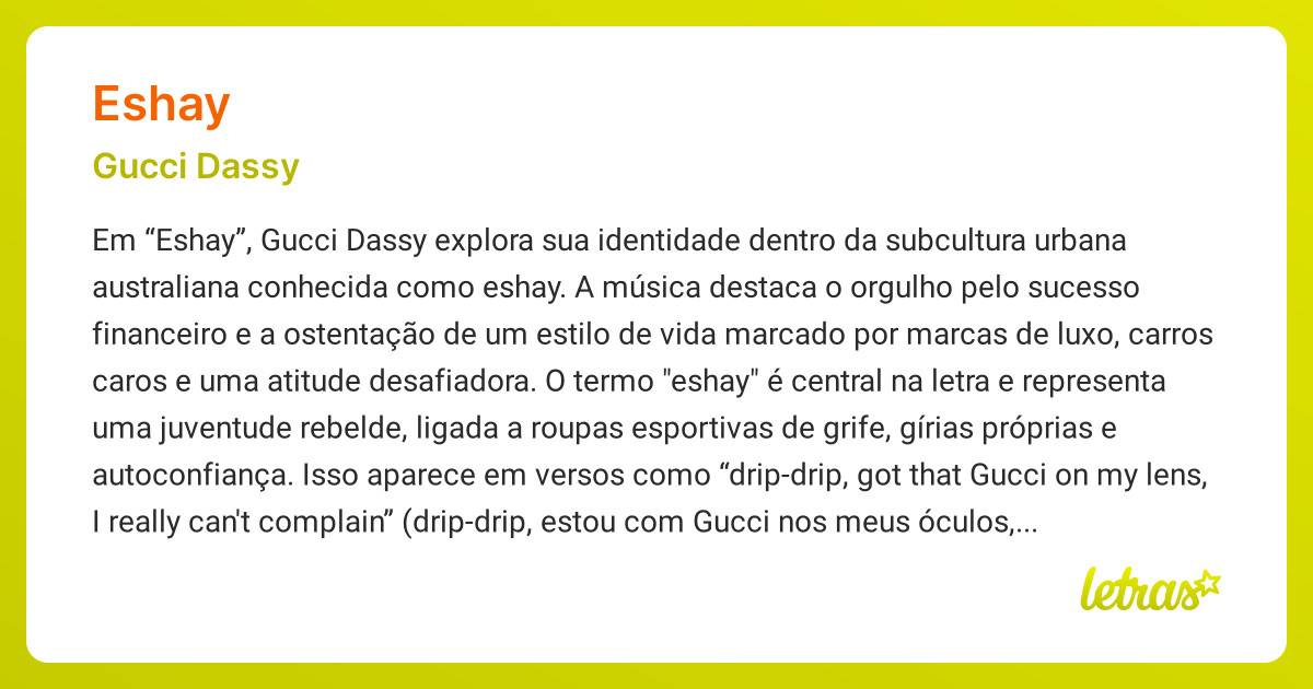 Significado da música ESHAY (Gucci Dassy) - LETRAS.MUS.BR