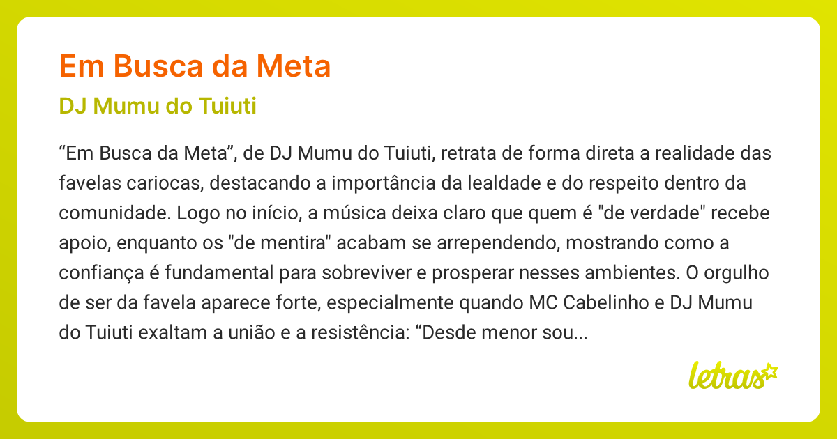 Significado da música EM BUSCA DA META (DJ Mumu do Tuiuti) - LETRAS.MUS.BR