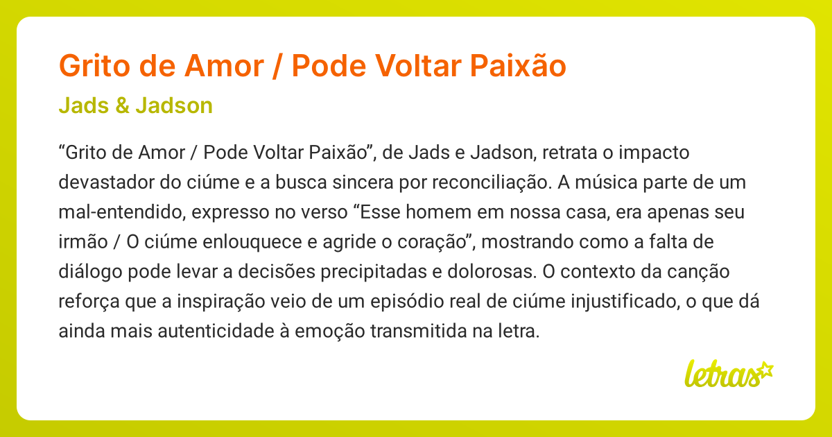 Significado da música Grito de Amor / Pode Voltar Paixão (Jads & Jadson ...