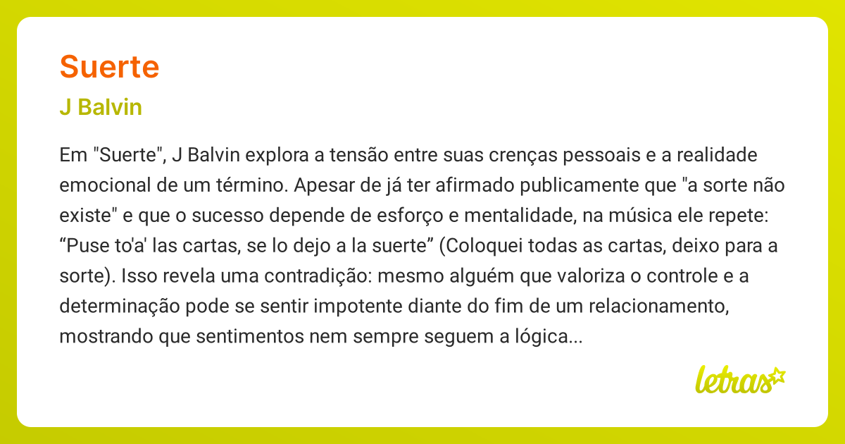 Significado da música SUERTE (J Balvin) - LETRAS.MUS.BR