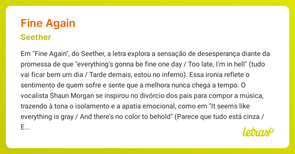 Significado da música FINE AGAIN (Seether) - LETRAS.MUS.BR