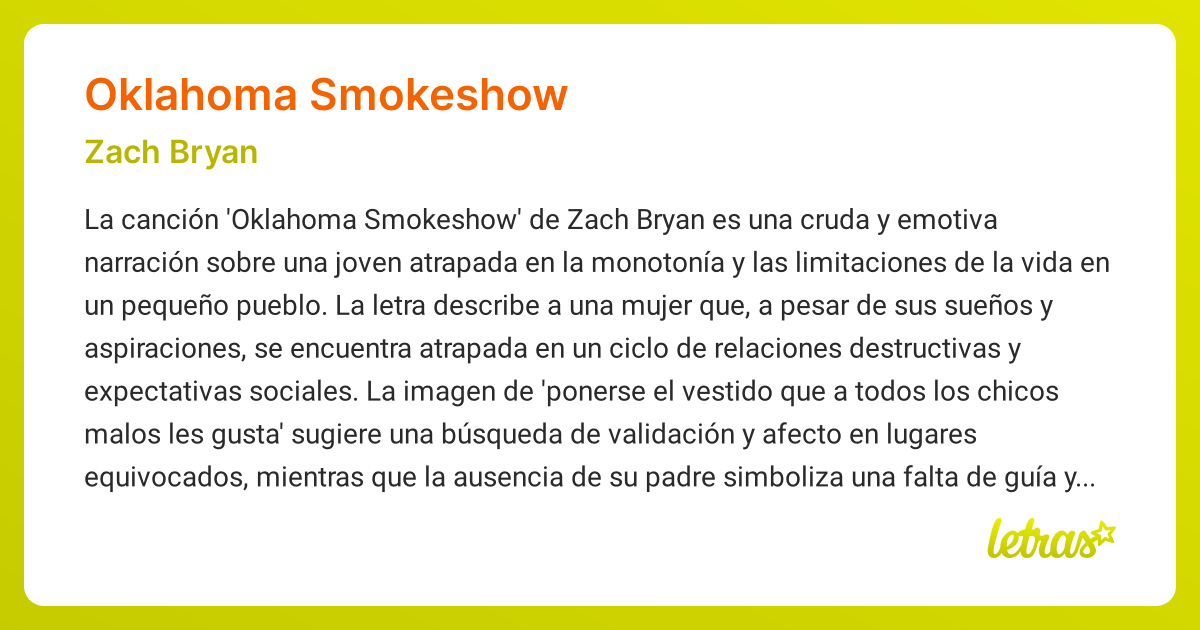Significado de la canción OKLAHOMA SMOKESHOW (Zach Bryan) - LETRAS.COM