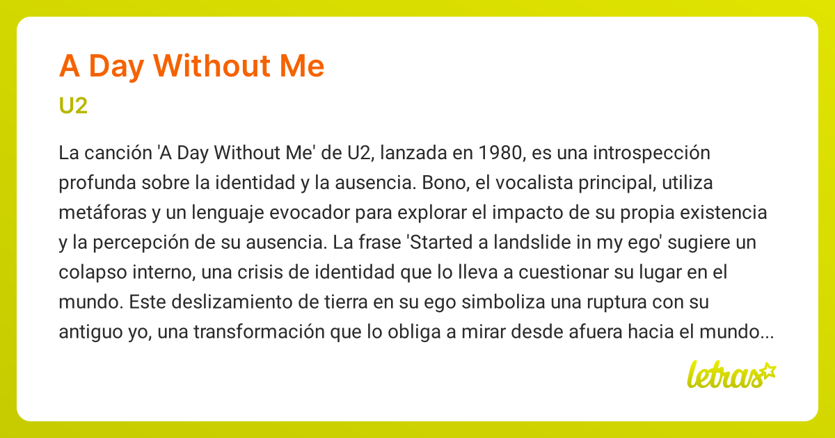 Significado de la canción A DAY WITHOUT ME (U2) - LETRAS.COM
