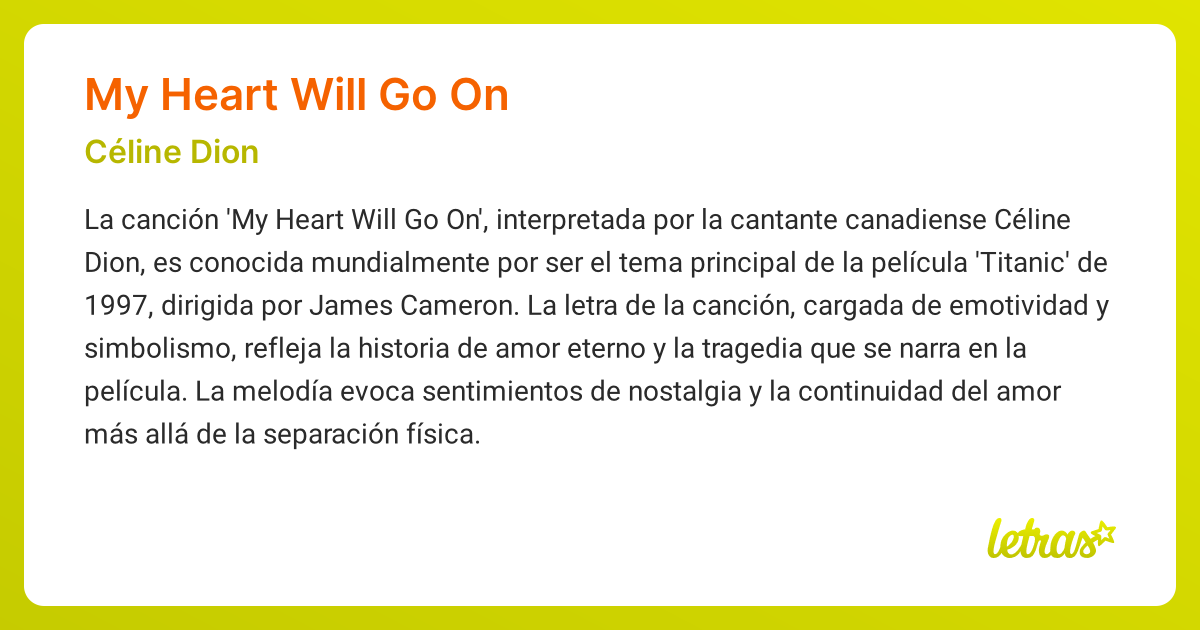 Significado de la canción MY HEART WILL GO ON (Céline Dion) - LETRAS.COM