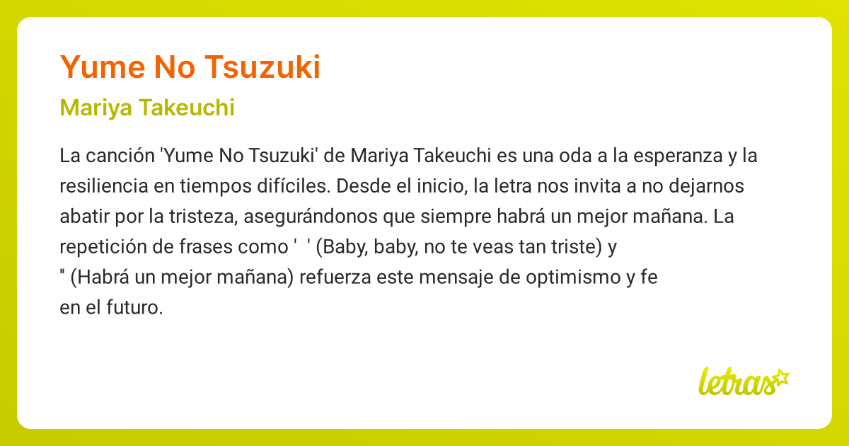 Significado de la canción YUME NO TSUZUKI (Mariya Takeuchi) - LETRAS.COM