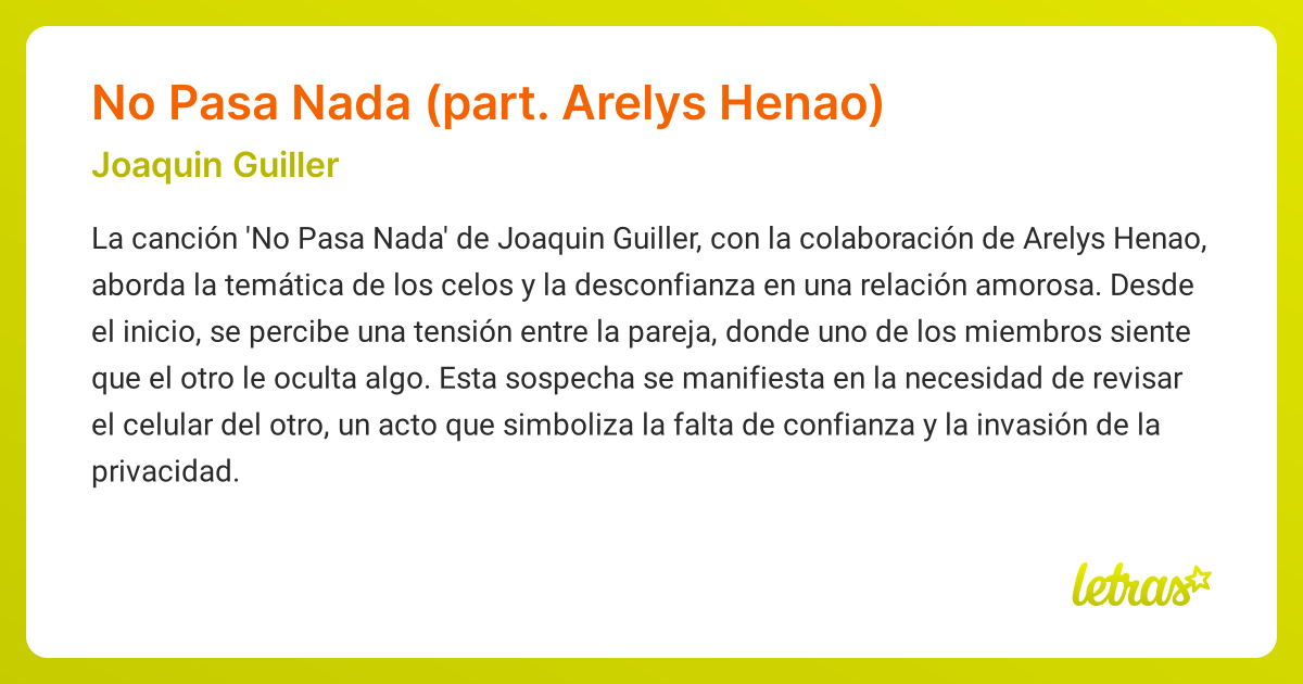 Significado de la canción No Pasa Nada (part. Arelys Henao) (Joaquin ...