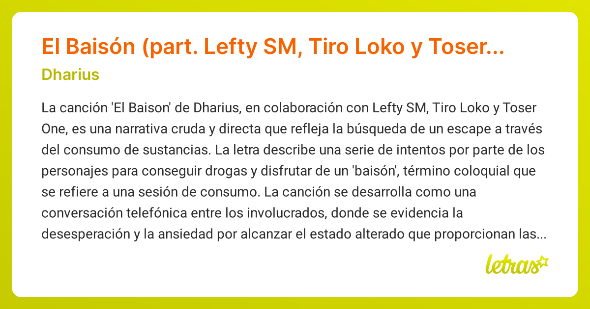 Significado de la canción El Baisón (part. Lefty SM, Tiro Loko y Toser One) (Dharius) - LETRAS.COM