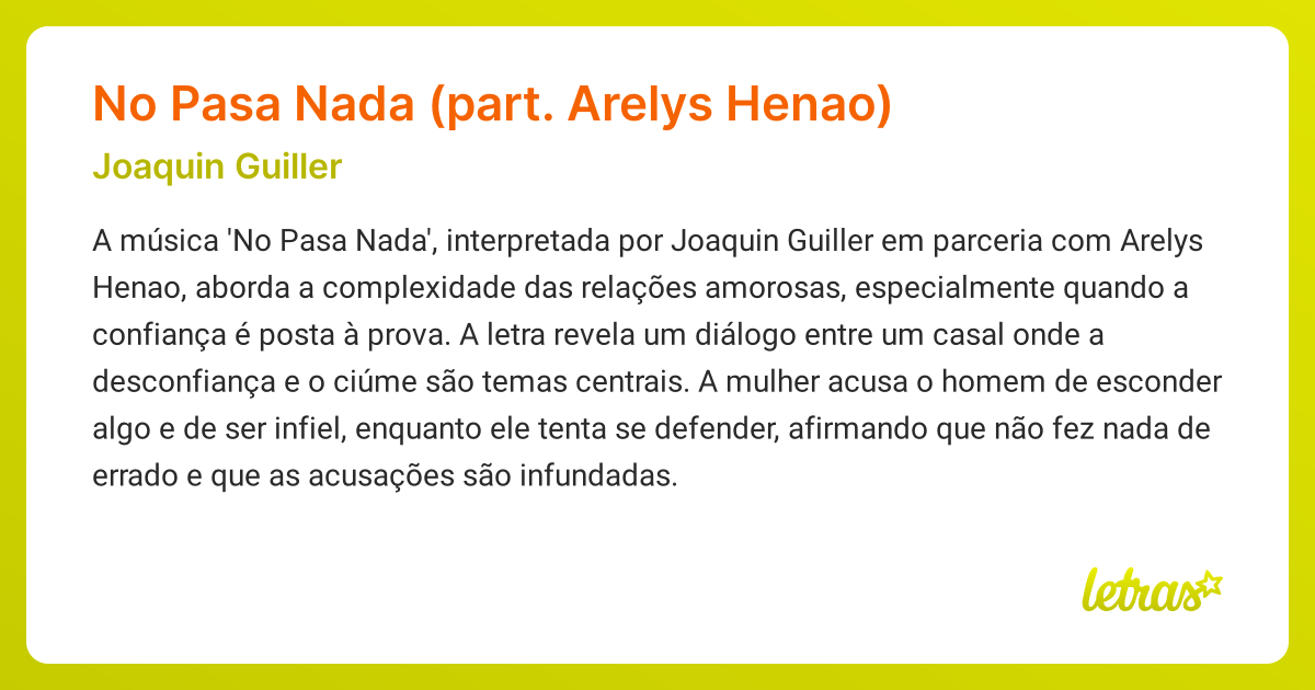 Significado da música No Pasa Nada (part. Arelys Henao) (Joaquin ...