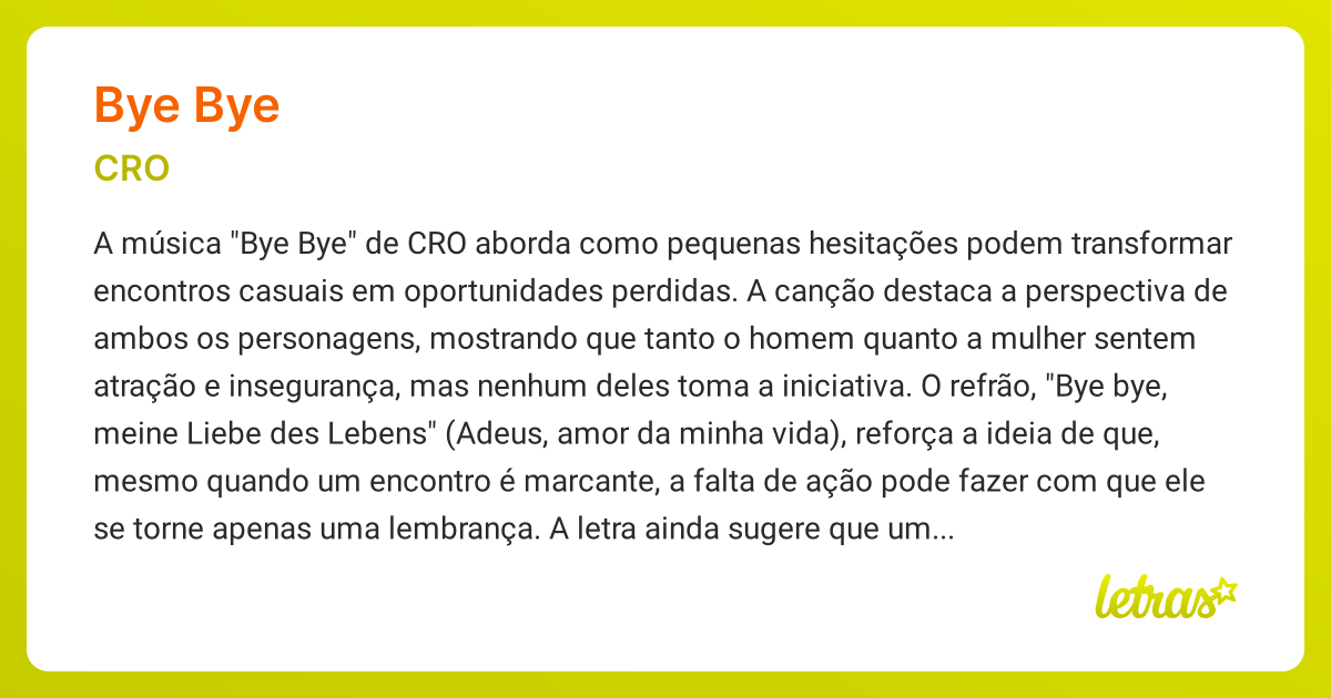 Significado da música BYE BYE (CRO) - LETRAS.MUS.BR