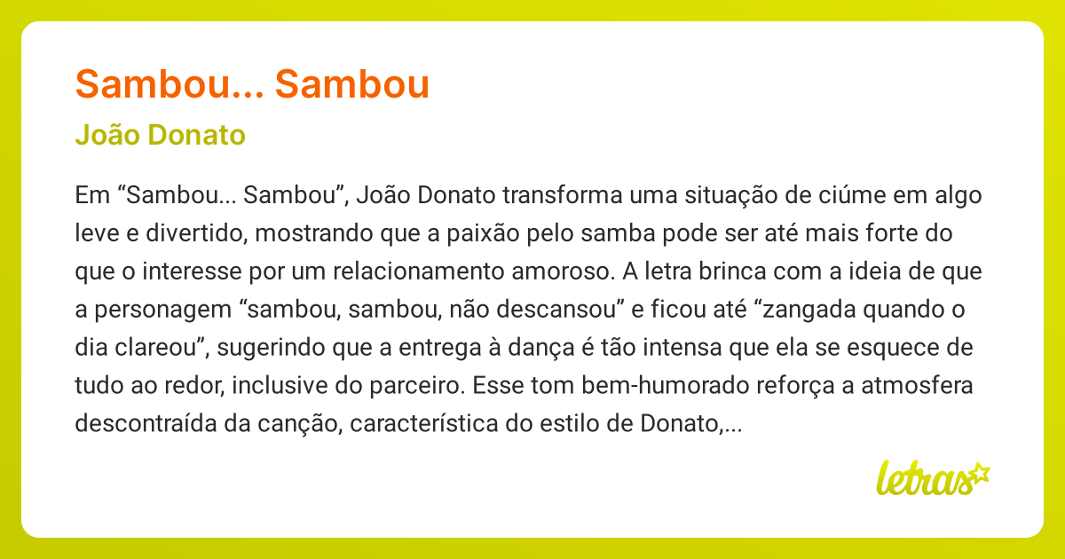 Significado da música SAMBOU... SAMBOU (João Donato) - LETRAS.MUS.BR