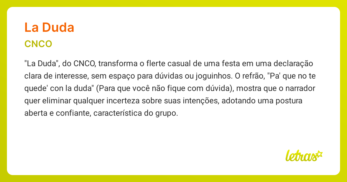 Significado da música LA DUDA (CNCO) - LETRAS.MUS.BR
