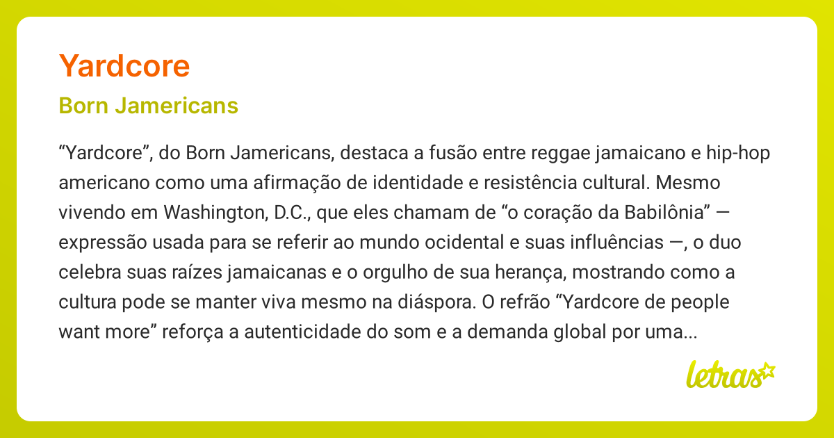 Significado da música YARDCORE (Born Jamericans) - LETRAS.MUS.BR