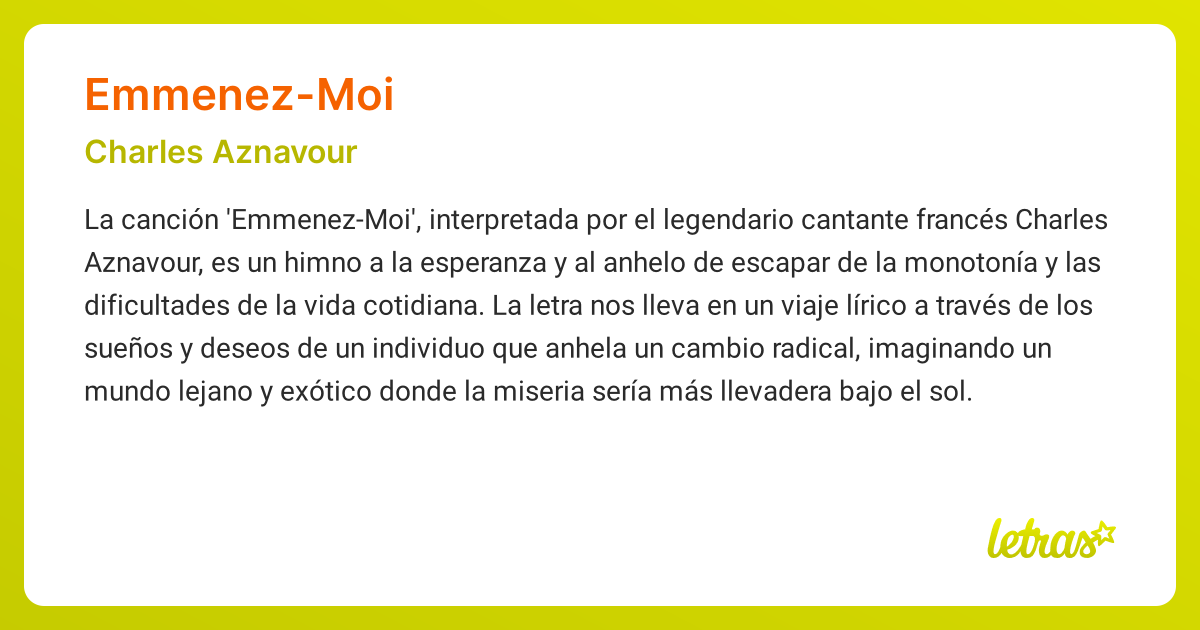 Significado de la canción EMMENEZ-MOI (Charles Aznavour) - LETRAS.COM