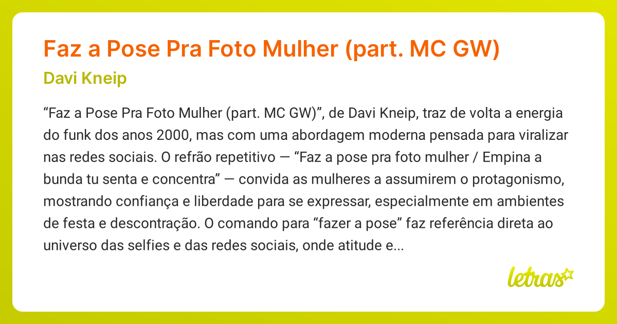Significado da música Faz a Pose Pra Foto Mulher (part. MC GW) (Davi ...