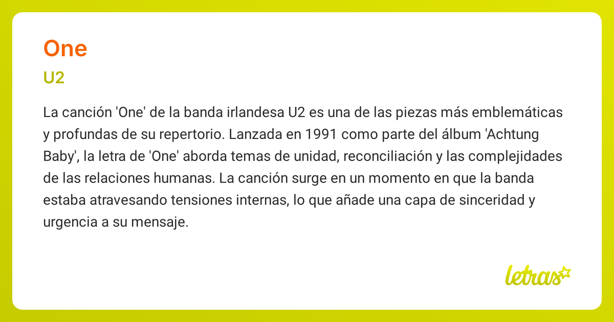 Significado de la canción ONE (U2) - LETRAS.COM