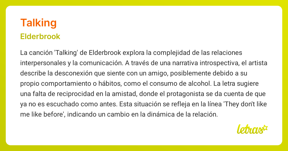 Significado de la canción TALKING (Elderbrook) - LETRAS.COM