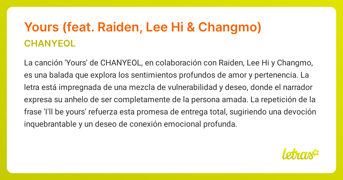 Significado de la canción Yours (feat. Raiden, Lee Hi & Changmo ...