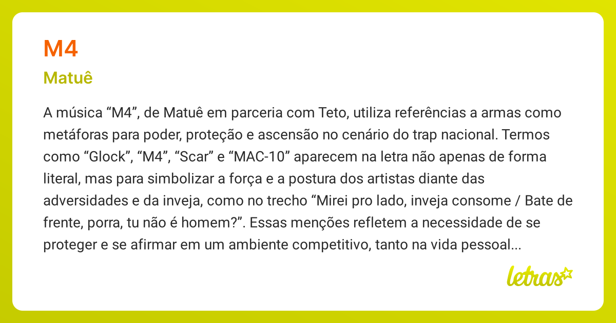 Significado da música M4 (Matuê) - LETRAS.MUS.BR