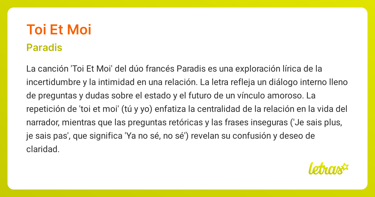Significado de la canción TOI ET MOI (Paradis) - LETRAS.COM