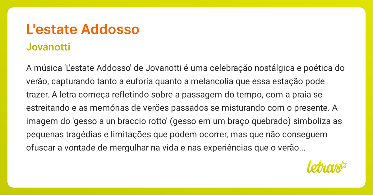Significado da música L'ESTATE ADDOSSO (Jovanotti) - LETRAS.MUS.BR