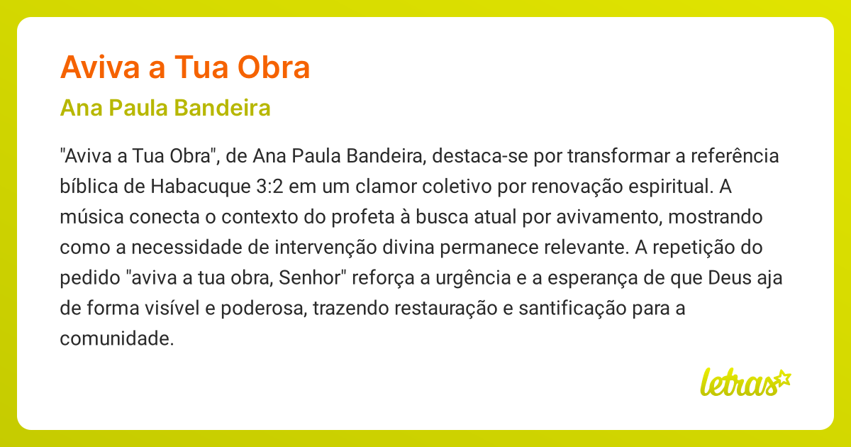 Significado da música AVIVA A TUA OBRA (Ana Paula Bandeira) - LETRAS.MUS.BR