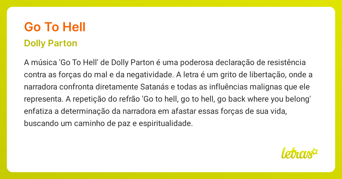 Significado da música GO TO HELL (Dolly Parton) - LETRAS.MUS.BR
