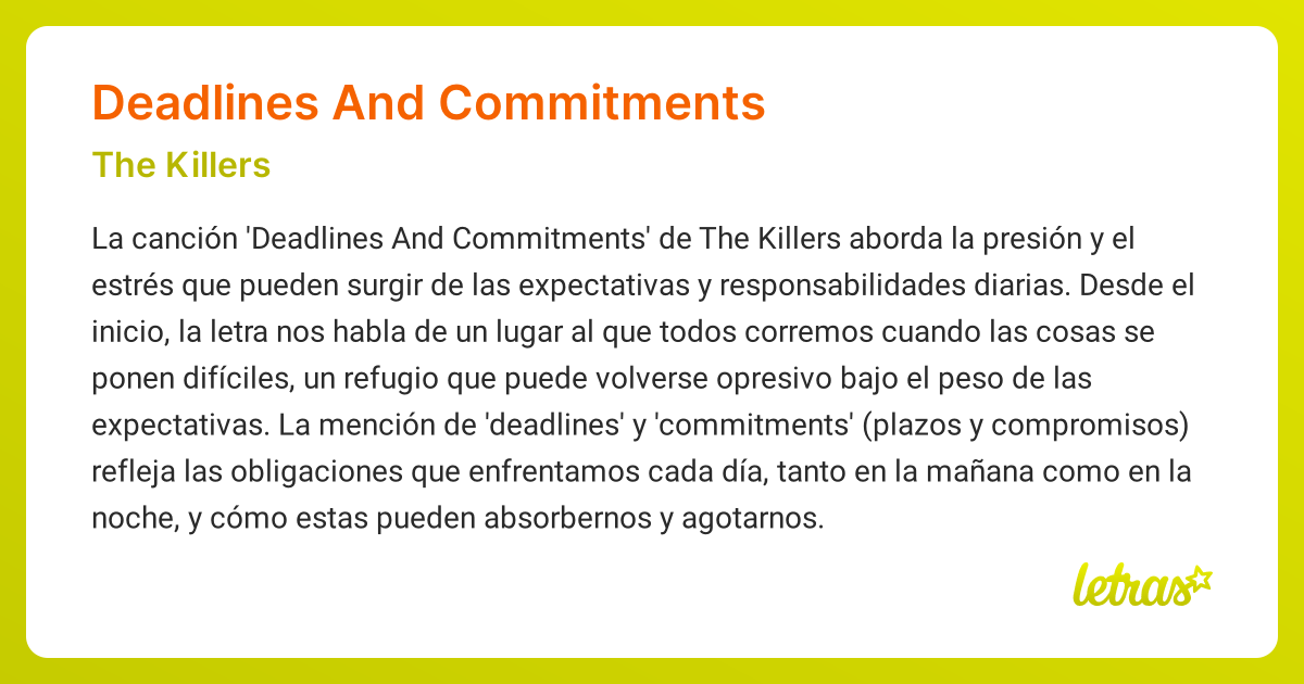 Significado de la canción DEADLINES AND COMMITMENTS (The Killers) - LETRAS.COM