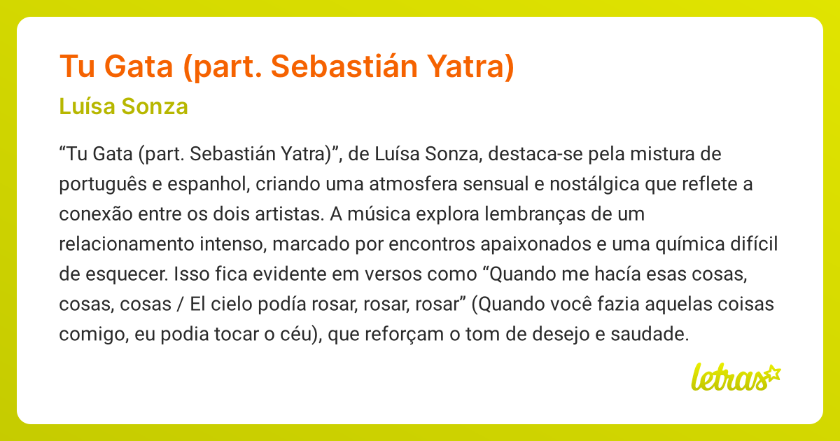 Significado da música Tu Gata (part. Sebastián Yatra) (Luísa Sonza ...