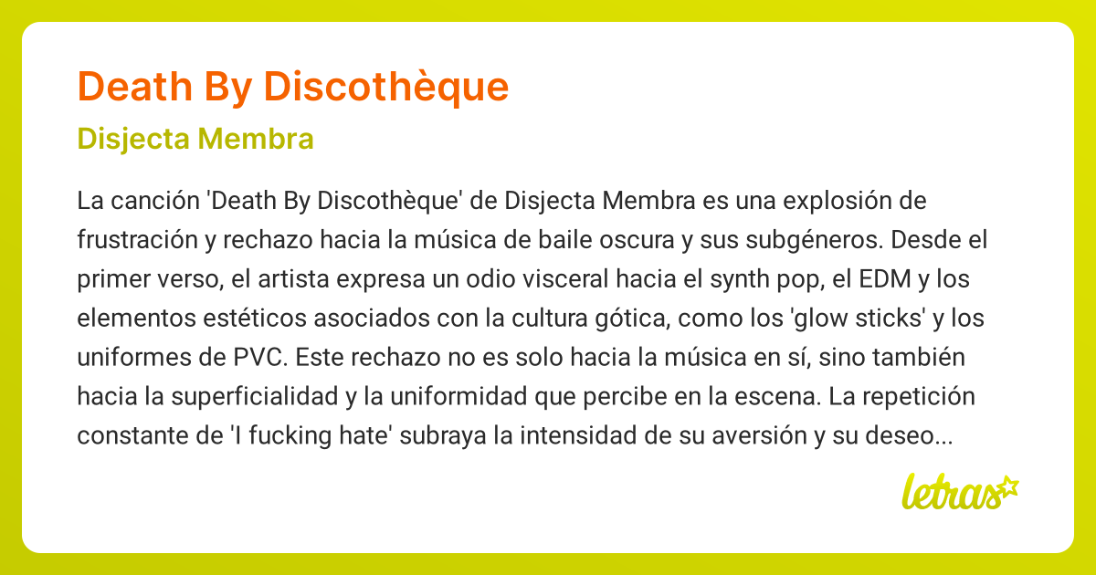 Significado de la canción DEATH BY DISCOTHÈQUE (Disjecta Membra ...