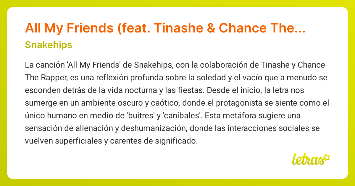Significado de la canción All My Friends (feat. Tinashe & Chance The ...