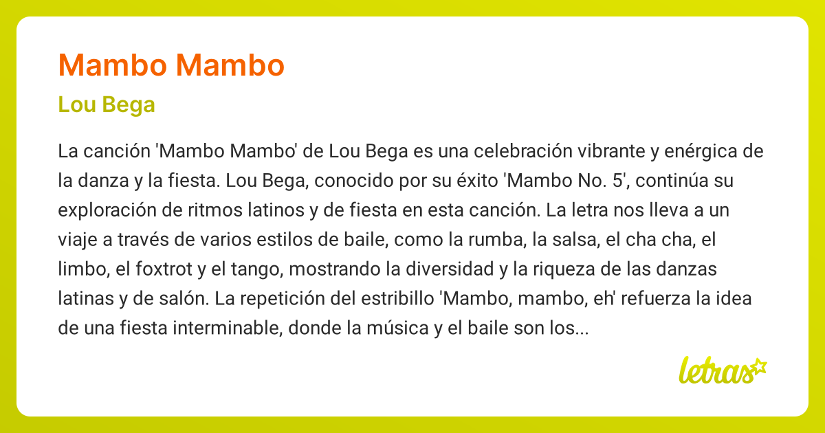 Significado de la canción MAMBO MAMBO (Lou Bega) - LETRAS.COM