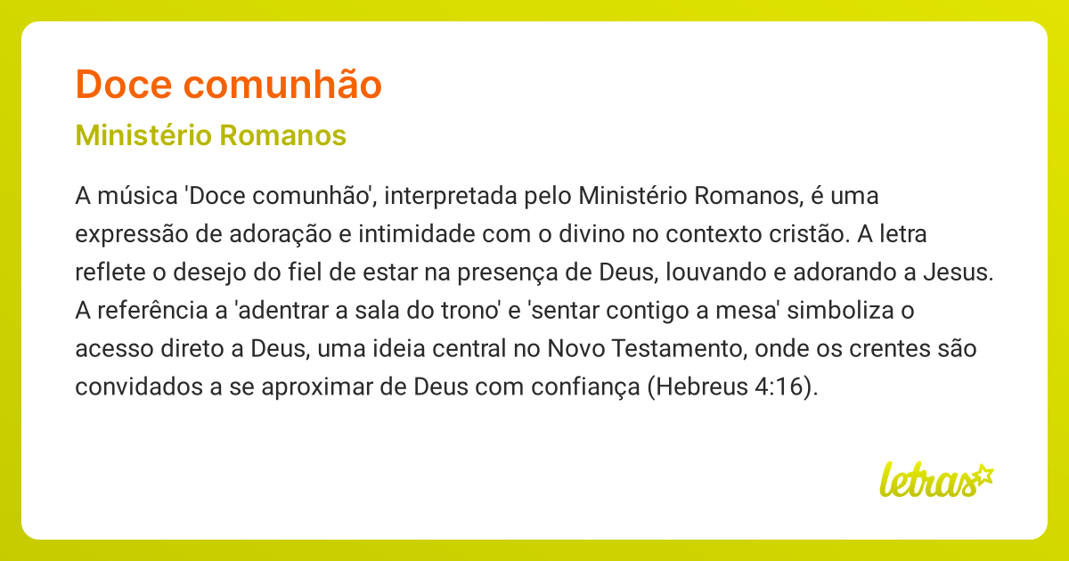 Significado da música DOCE COMUNHÃO (Ministério Romanos) - LETRAS.MUS.BR