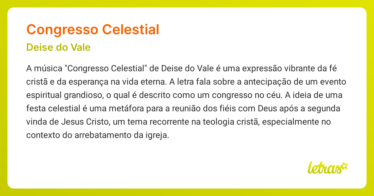 Significado da música CONGRESSO CELESTIAL (Deise do Vale) - LETRAS.MUS.BR