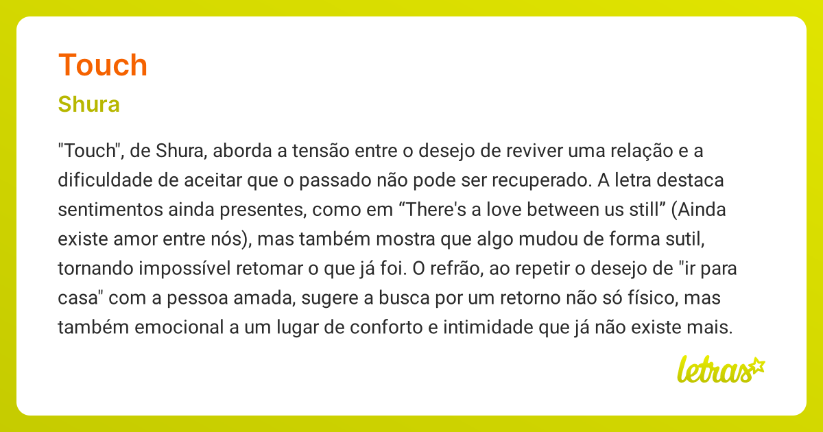 Significado da música TOUCH (Shura) - LETRAS.MUS.BR