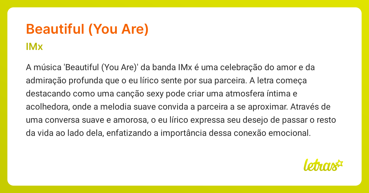 Significado da música BEAUTIFUL (YOU ARE) (IMx) - LETRAS.MUS.BR