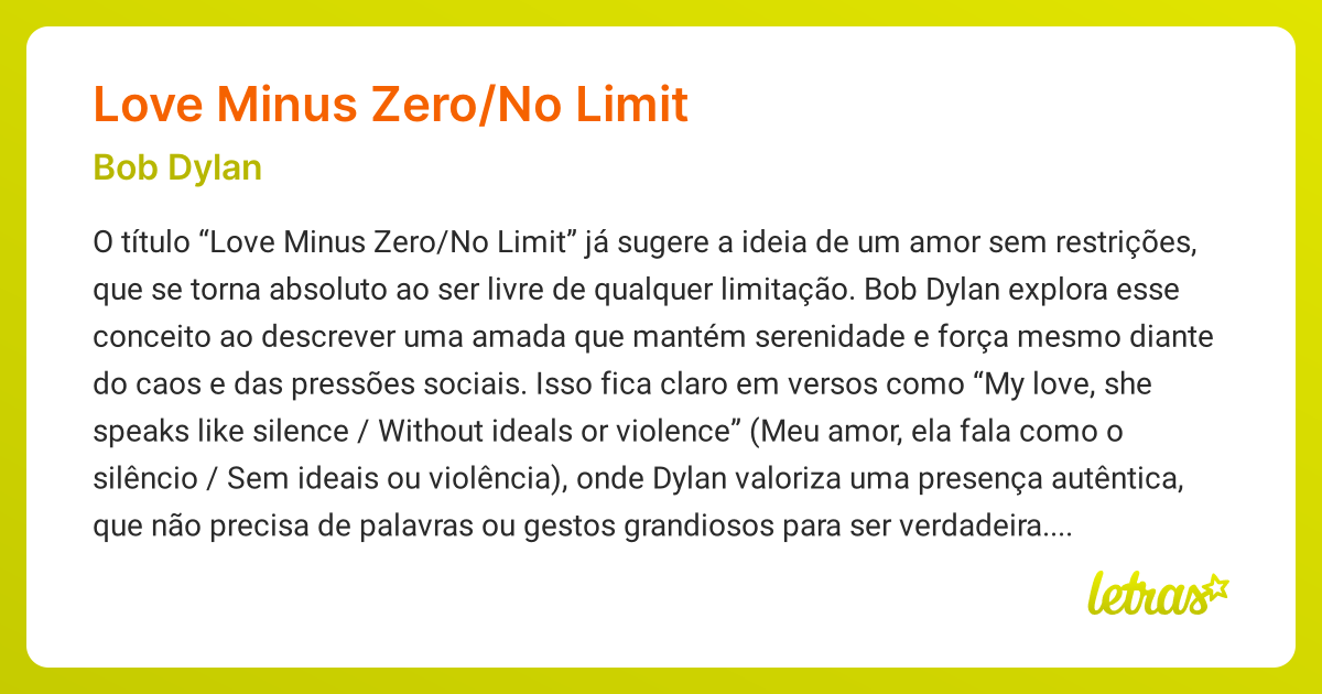 Significado da música LOVE MINUS ZERO/NO LIMIT (Bob Dylan) - LETRAS.MUS.BR