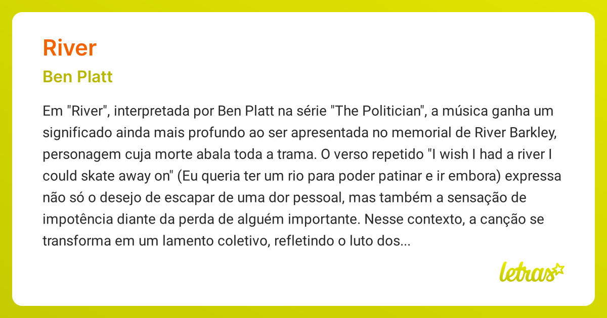 Significado da música RIVER (Ben Platt) - LETRAS.MUS.BR