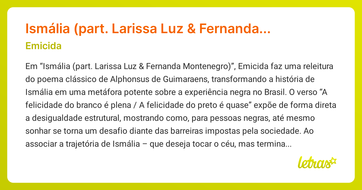 Significado da música Ismália (part. Larissa Luz & Fernanda Montenegro ...