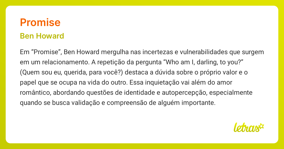 Significado da música PROMISE (Ben Howard) - LETRAS.MUS.BR
