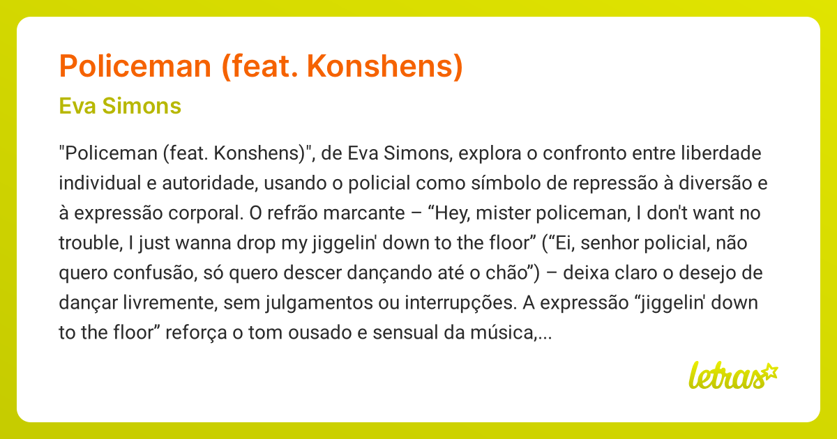 Significado da música POLICEMAN (FEAT. KONSHENS) (Eva Simons) - LETRAS ...