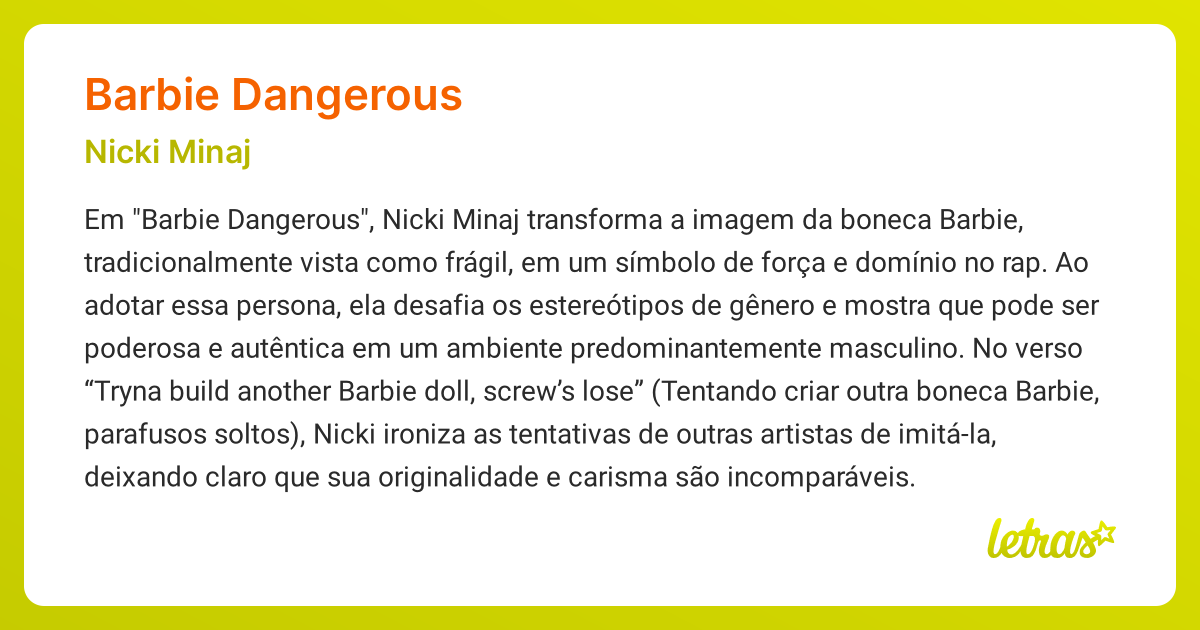 Significado da música BARBIE DANGEROUS (Nicki Minaj) - LETRAS.MUS.BR