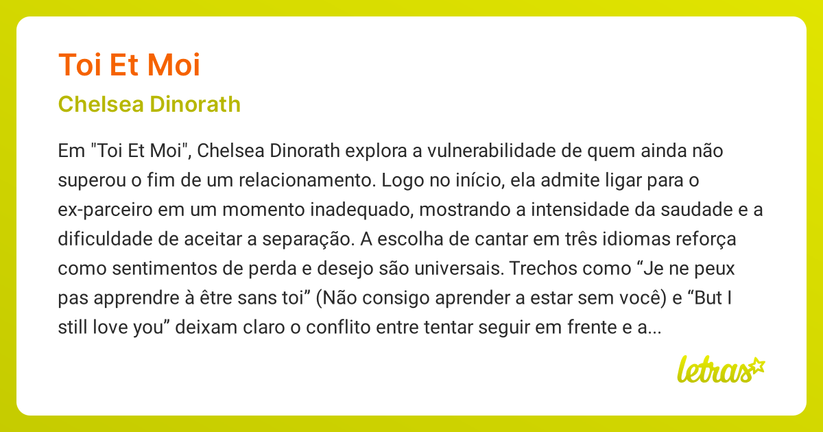 Significado da música TOI ET MOI (Chelsea Dinorath) - LETRAS.MUS.BR